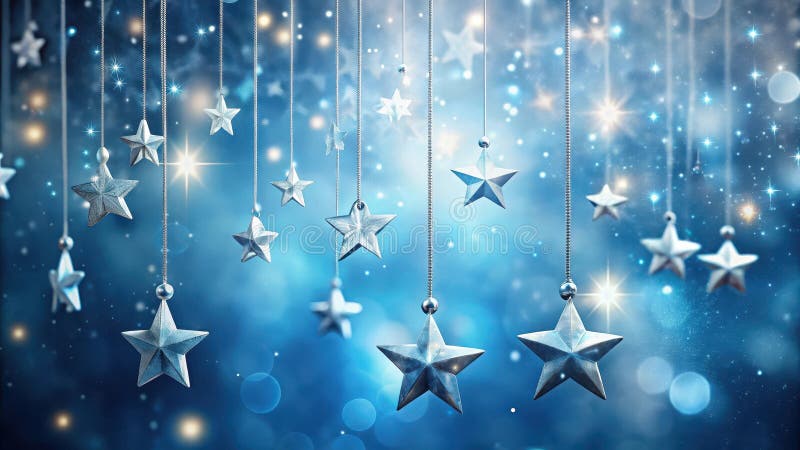 Silver Stars Suspended from Delicate Chains Against a Shimmering Blue ...