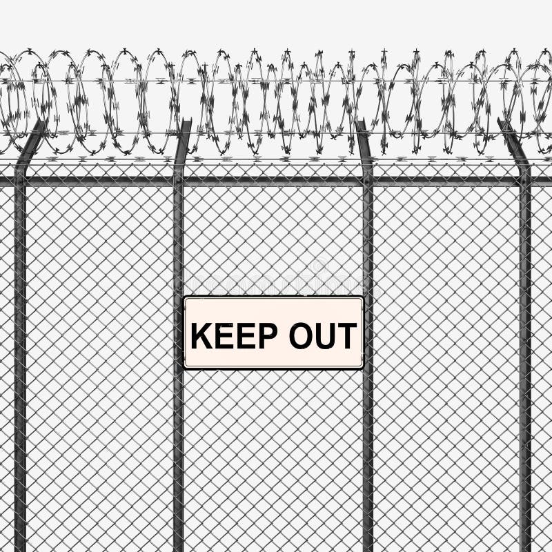 Silver or Steel Fence with Barbed Wire and Keep Out Sign Stock ...