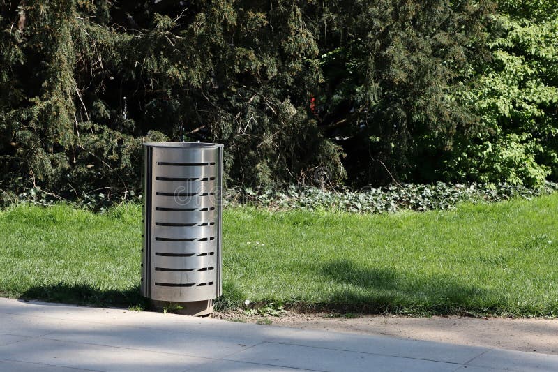 Silver Steel Park Trash Bin Stock Photo - Image of wood, ecology: 280579198