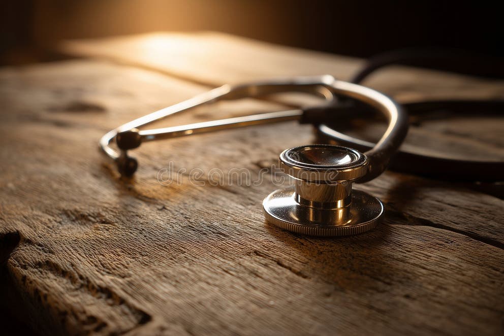 Silver Stethoscope on Rustic Wooden Surface Warm Lighting Stock Image ...