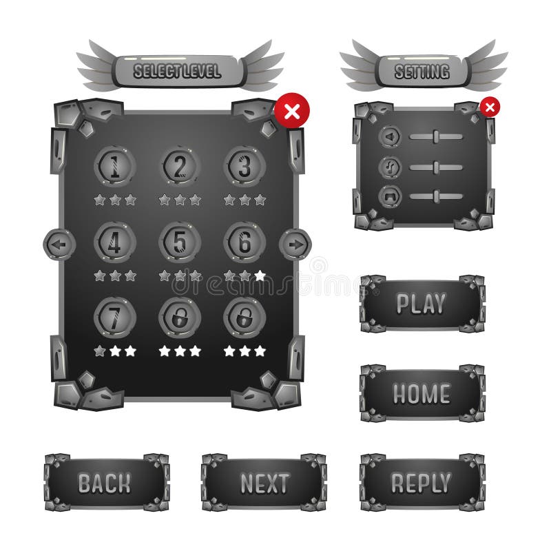 Silver Stone Game Level Selection and Button Set Design Vector Stock ...