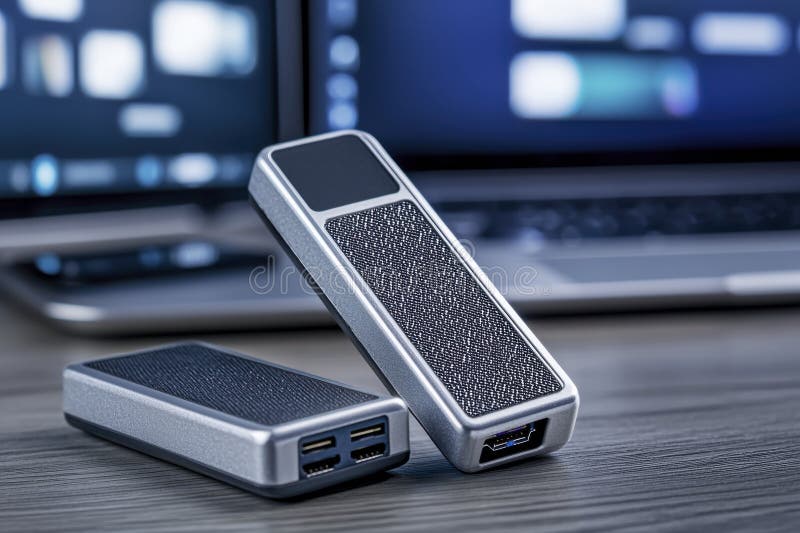 Silver Streaming Sticks on Dark Wood Desk with Blurred Background Stock ...