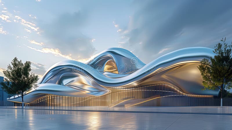 Parametric Museum Building Renderings. Silver Streamlined Irregular ...