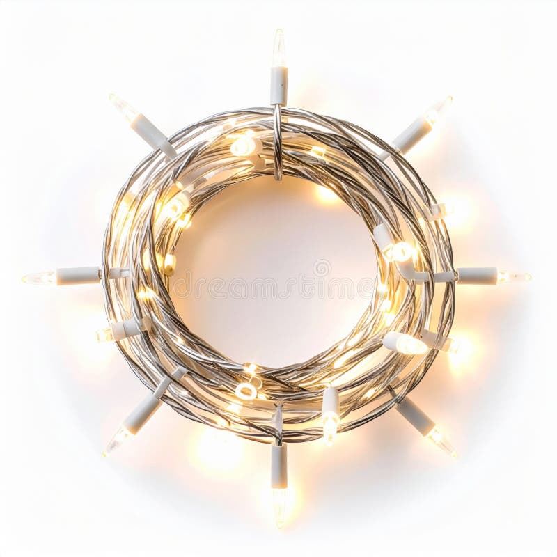 Silver String Lights Coiled in a Circle on White Background Stock ...