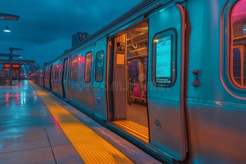 A Silver Subway Train S Open Door Gives a View of the Platform Beyond ...