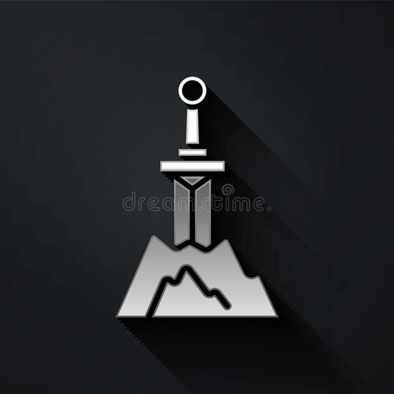 Silver Sword in the Stone Icon Isolated on Black Background. Excalibur ...
