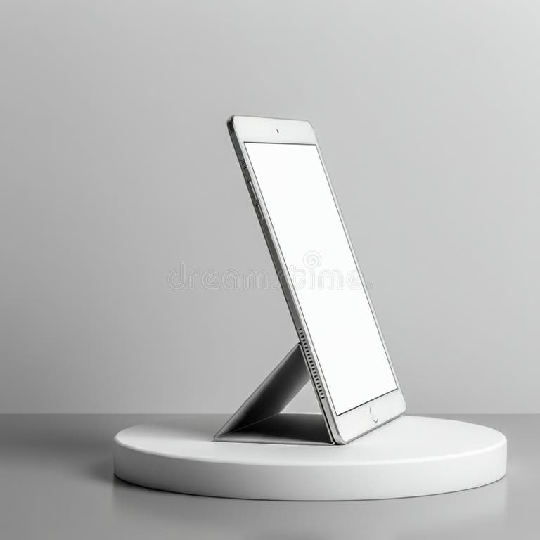 A Silver Tablet with a Blank White Screen is Propped Upright on a Sleek ...