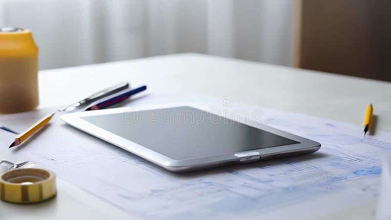 Silver Tablet Displayed on White Desk with Pens and Documents for ...
