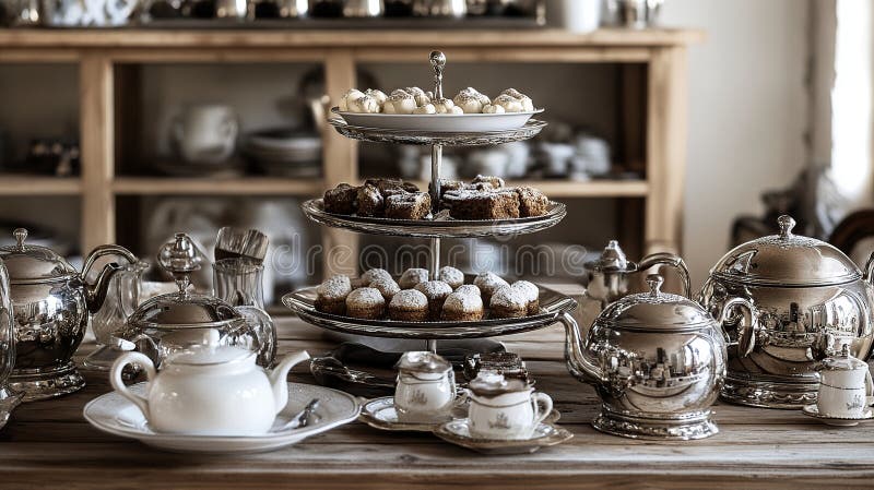 Silver Tea Set, Pastries, Antique Shop Background Stock Photo - Image ...