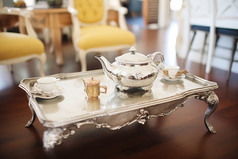 Silver Tea Set on Polished Train Table Stock Image - Image of afternoon ...