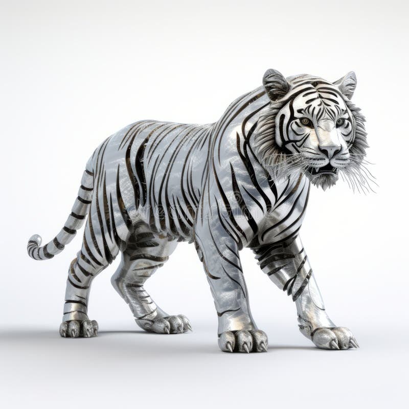 Silver Tiger 3d Model with Metal Texture on White Background Stock ...