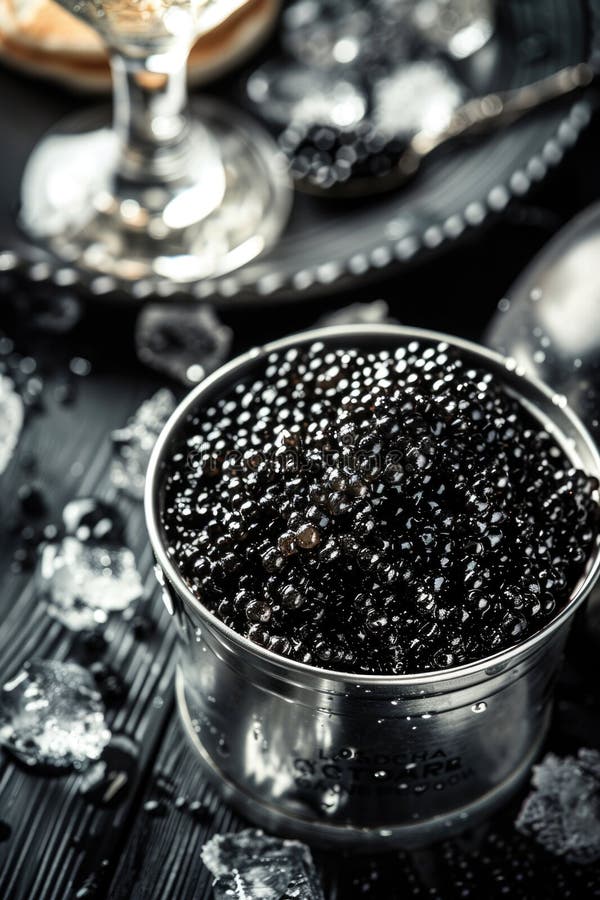 A Silver Tin with Black Caviar in it Sits on a Table with a Glass of ...