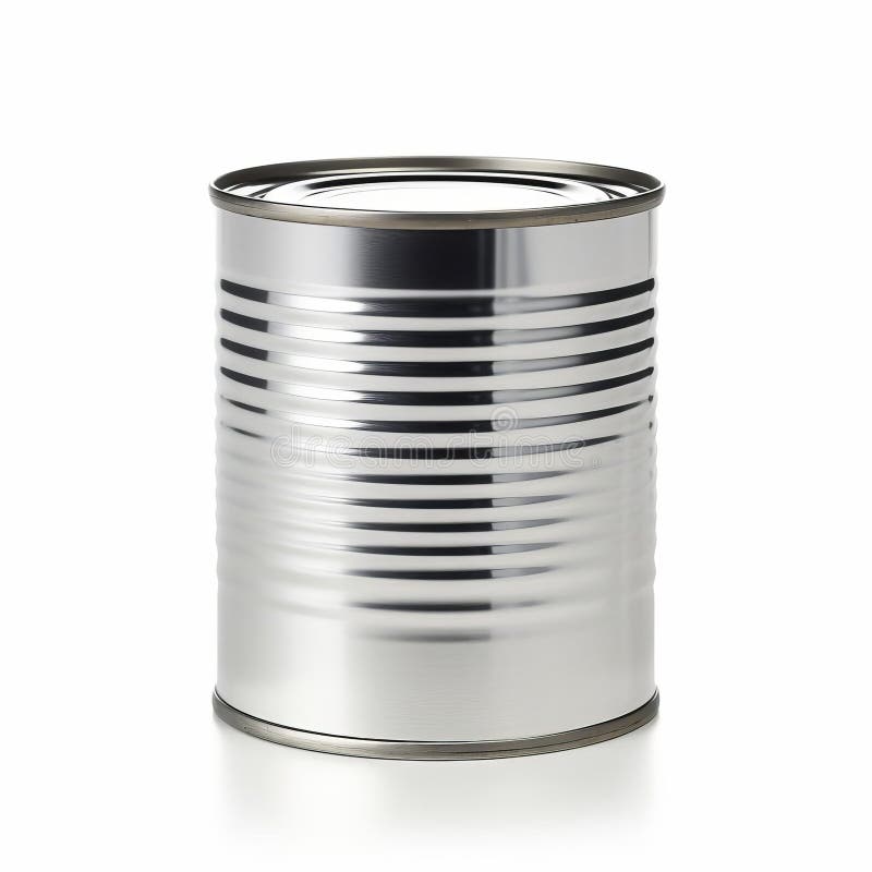 Silver Tin Can with Ribbed Design on White Background Stock ...