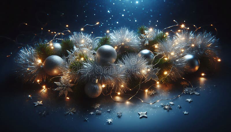 Silver Tinsel Garlands with Glowing Lights on Deep Navy Blue Background ...