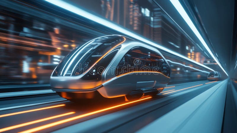 A Silver Train with Orange Lights is Traveling Down a Track Stock ...