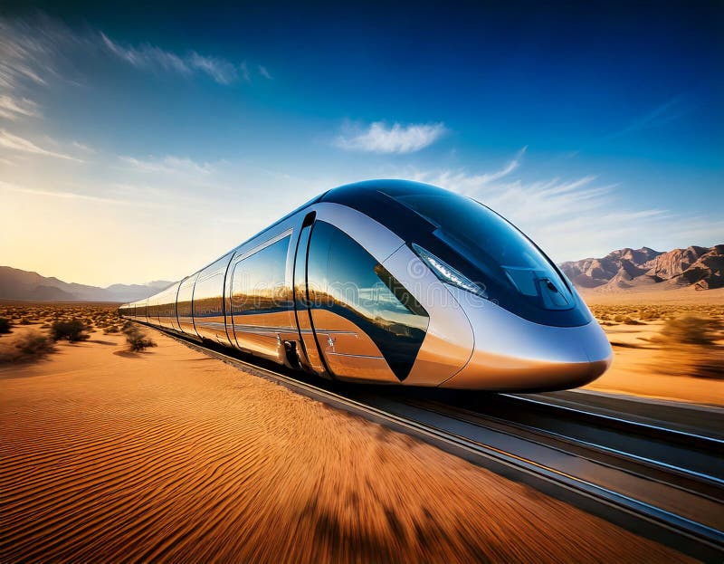 A Silver Train is Traveling Down a Track in the Desert Stock Image ...