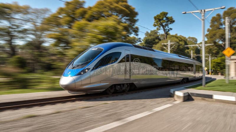 A Silver Train is Traveling Down the Tracks Stock Image - Image of blue ...