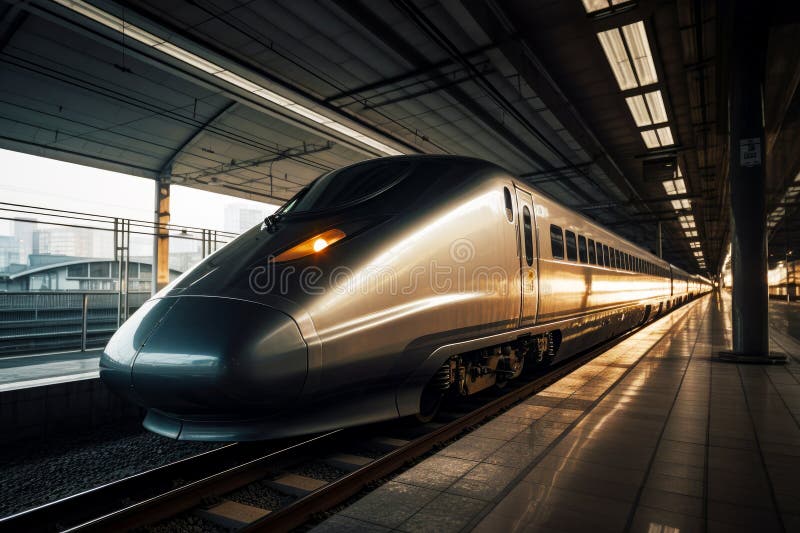 Silver Train Traveling Down Train Tracks Next To Loading Platform at ...