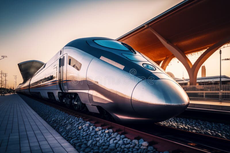 Silver Train Traveling Down Train Tracks Next To Train Station with ...