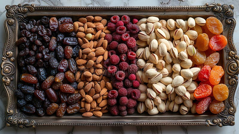 A Silver Tray with Dried Fruit and Nuts Arranged in Rows Dried Dates ...