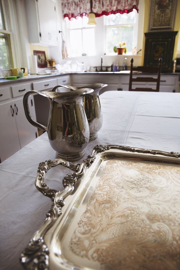 Silver tray and pitchers stock image. Image of kitchen - 58313225