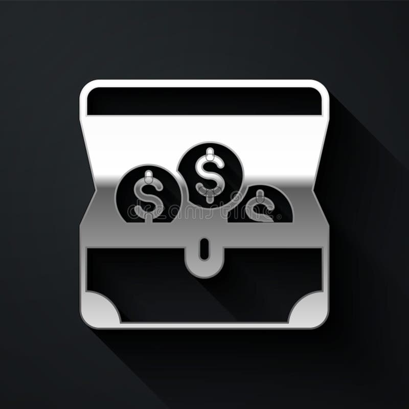 Silver Treasure Chest Icon Isolated on Black Background. Long Shadow ...