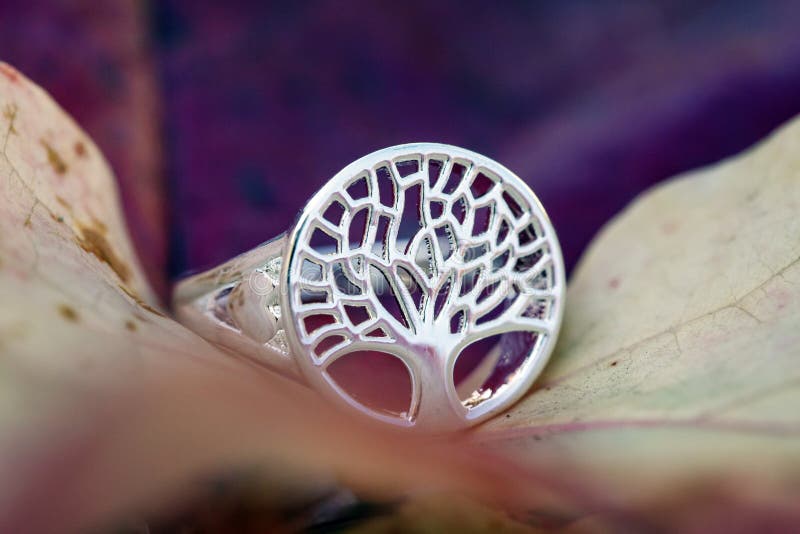 Silver Tree Shape Ring Detail on Natural Autumn Background Stock Photo ...
