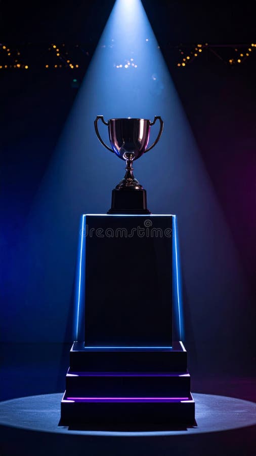 Silver Trophy on Black Pedestal Illuminated by Blue Spotlight on Dark ...