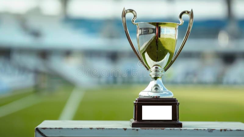 Silver Trophy Cup with Blank Nameplate on Stand in Soccer Stadium for ...