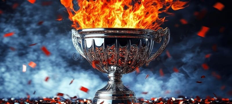 Silver Trophy Engulfed in Fiery Flames with Confetti on Blue Background ...