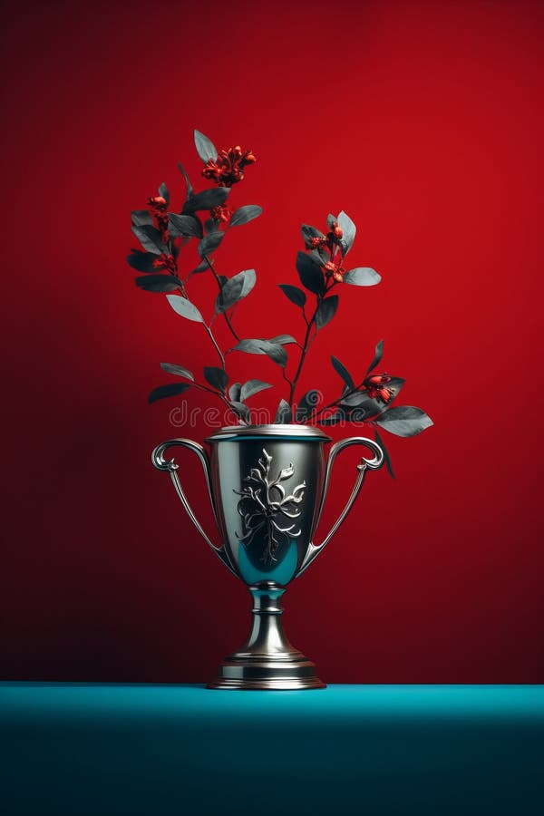A Silver Trophy with a Plant in it on a Red and Blue Background Stock ...