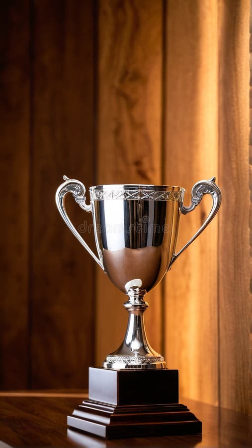 A Silver Trophy with Two Handles and a Base Sits on a Wooden Table ...