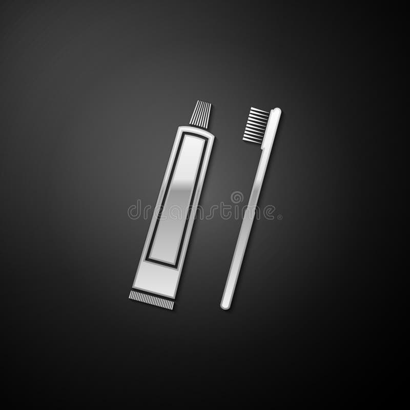 Silver Tube of Toothpaste and Toothbrush Icon Isolated on Black ...