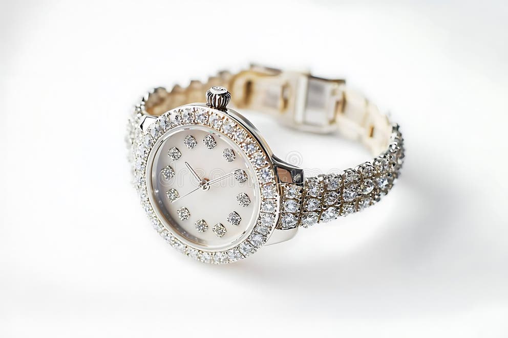 A Silver Watch with a White Face and a Band of Diamonds Stock Photo ...