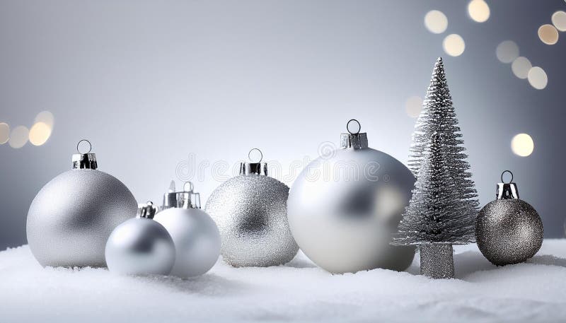 Silver and White Christmas Balls and Ornaments on White Snow Background ...