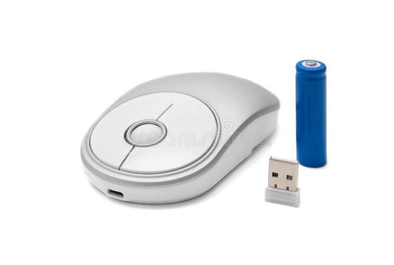 Silver Wireless Mouse with Adapter and Battery Isolated on White ...