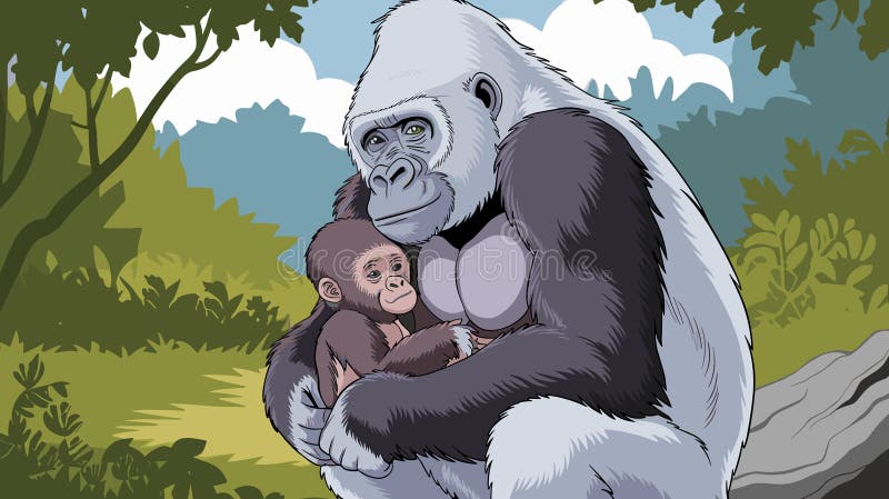 A Silverback Gorilla Cradles Its Infant Offspring. Stock Vector ...