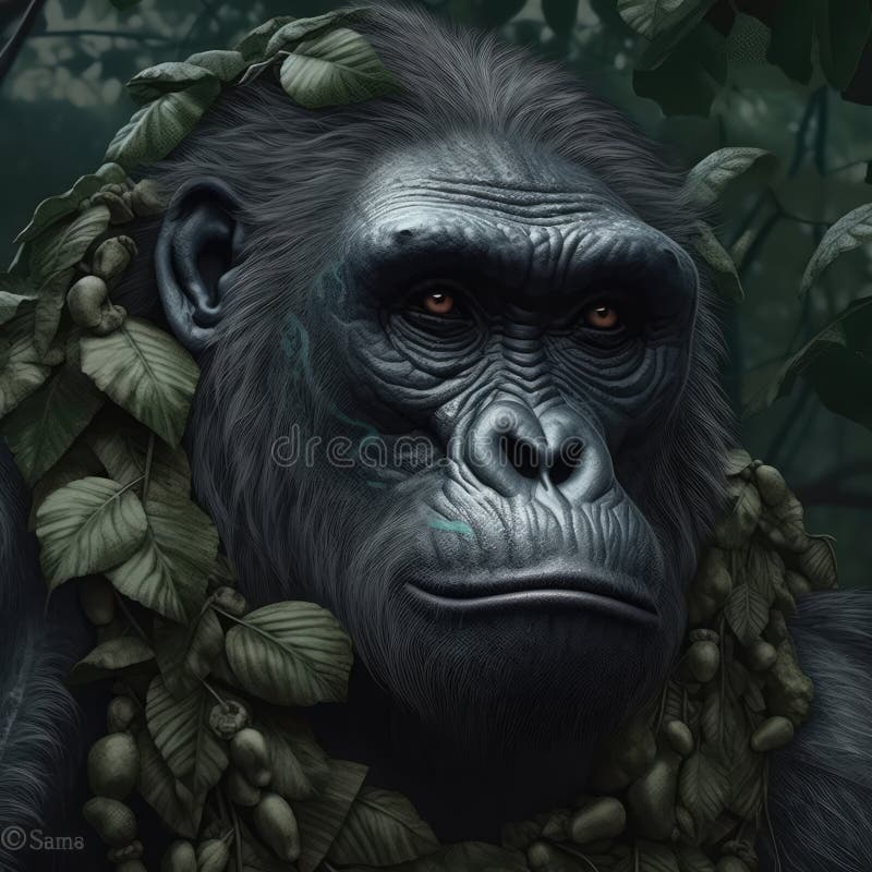 A Silverback Gorilla Head Wrapped in Green Leaves on a Background of ...