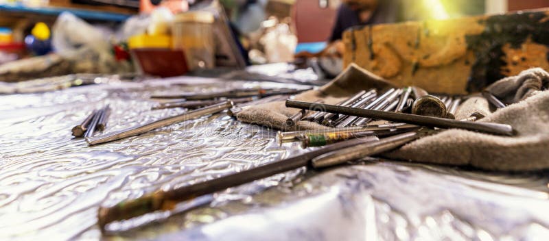 Silvermaker. Silversmiths Tools on the Silver Workplace Stock Photo ...