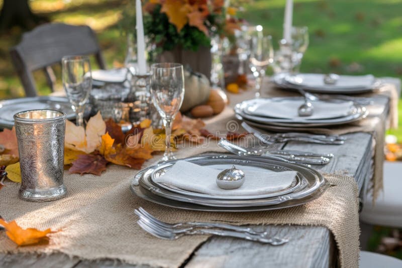 Silverware and Fall Leaves on a Rustic Table Setting Stock Illustration - Illustration of ...