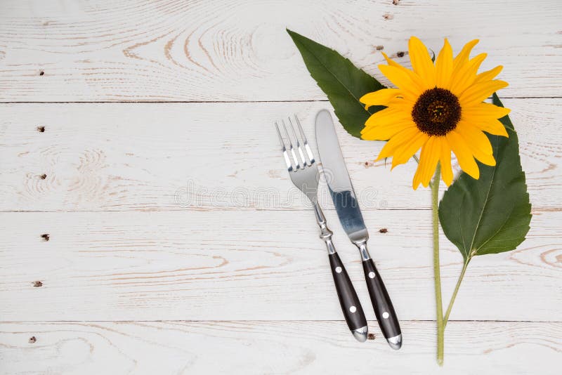 Silverware with Sunflower on a Table Stock Photo - Image of lunch ...