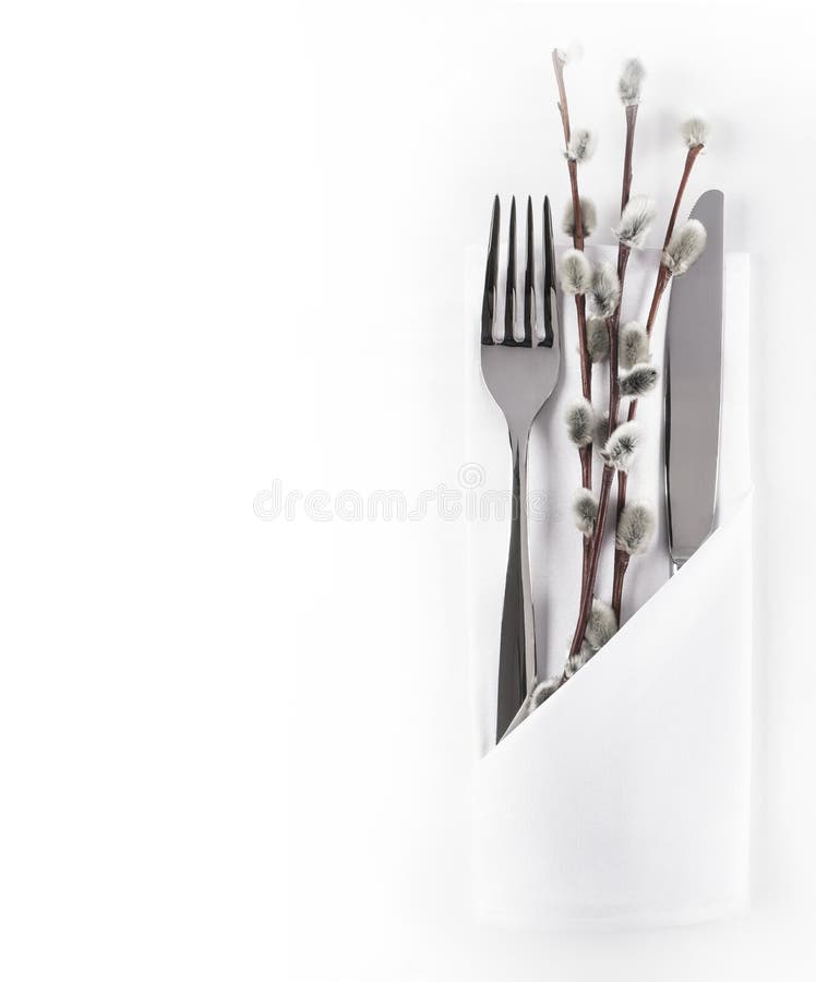 Silverware in White Napkin Envelope and Willow Branch for Easter Stock ...