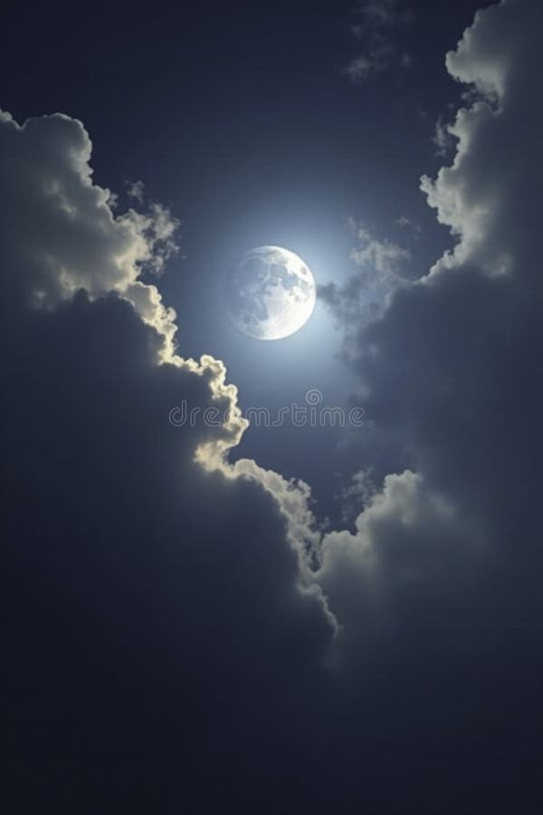 Silvery Half Moon Peeking through Breaks in Grey Cloud Layer, Clouds ...