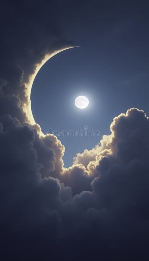 Silvery Half Moon Peeking through Breaks in Grey Cloud Layer, Sky ...