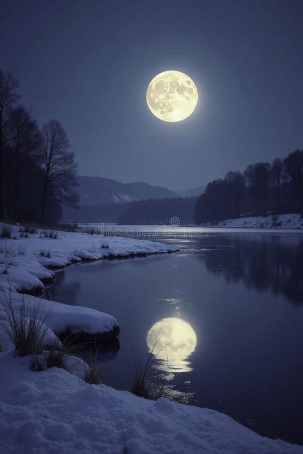 The Silvery Light of the Full Moon Illuminates a Frozen Lake, Peaceful ...