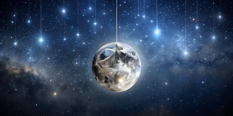 Silvery Moon Hanging Low in the Dark Sky, Surrounded by Thousand Tiny ...