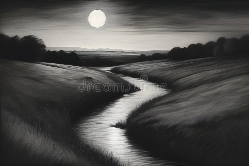 Moonlit River Meanders through Tranquil Meadows, Reflecting Starry ...