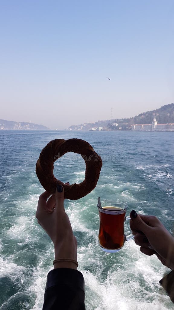 Simit, Tea and Bosphorus View Stock Photo - Image of traditional, simit ...