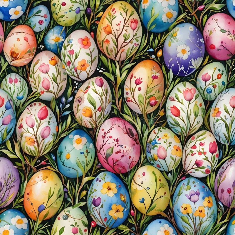 Seamless Easter Pattern with Colorful Eggs and Plant, Flowers. on Black ...