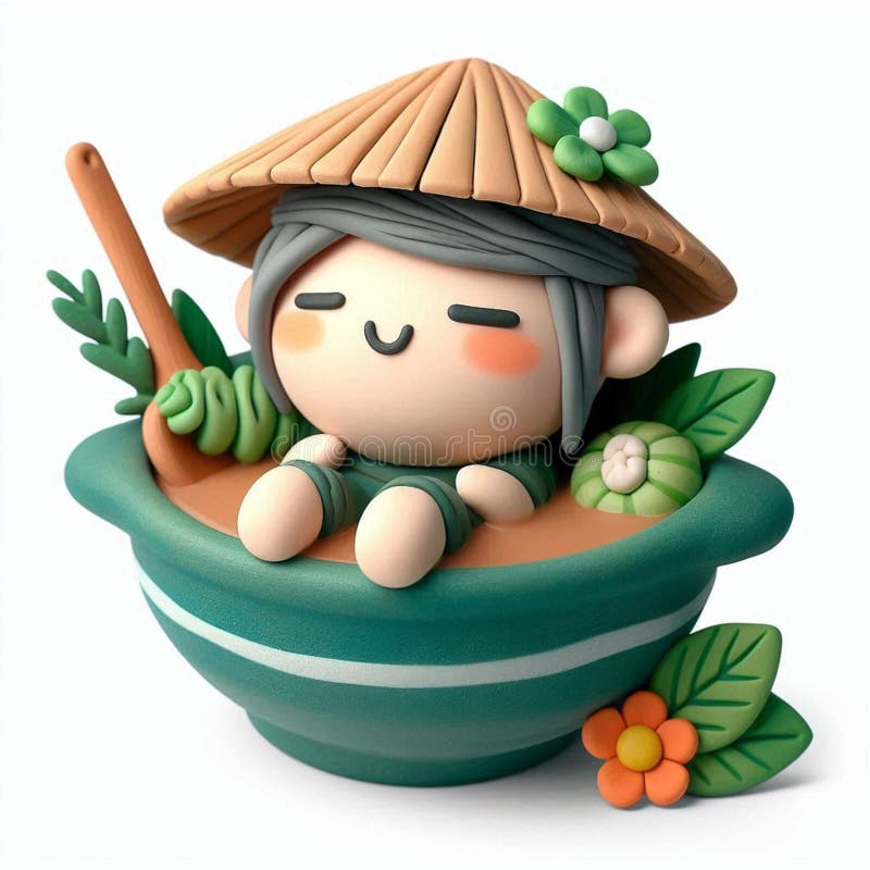 Asian Clay Figure Relaxing in Soup, Fun Illustration Stock Illustration ...